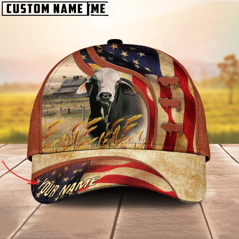 Custom Name Brahman Cattle US Flag 3D Cap, Farmer Cap, Vintage Farmer ...