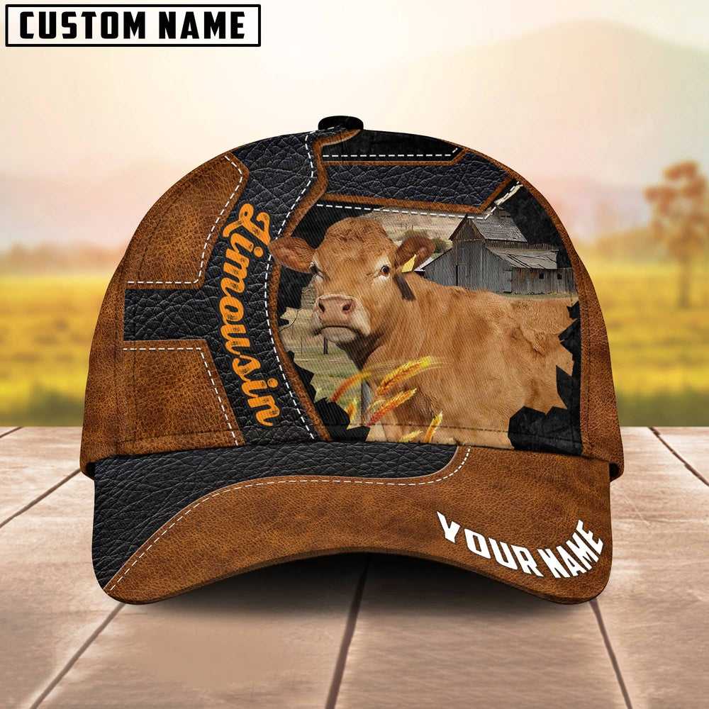Custom Name Limousin Brown Leather Pattern 3D Cap, Farmer Cap, Vintage ...
