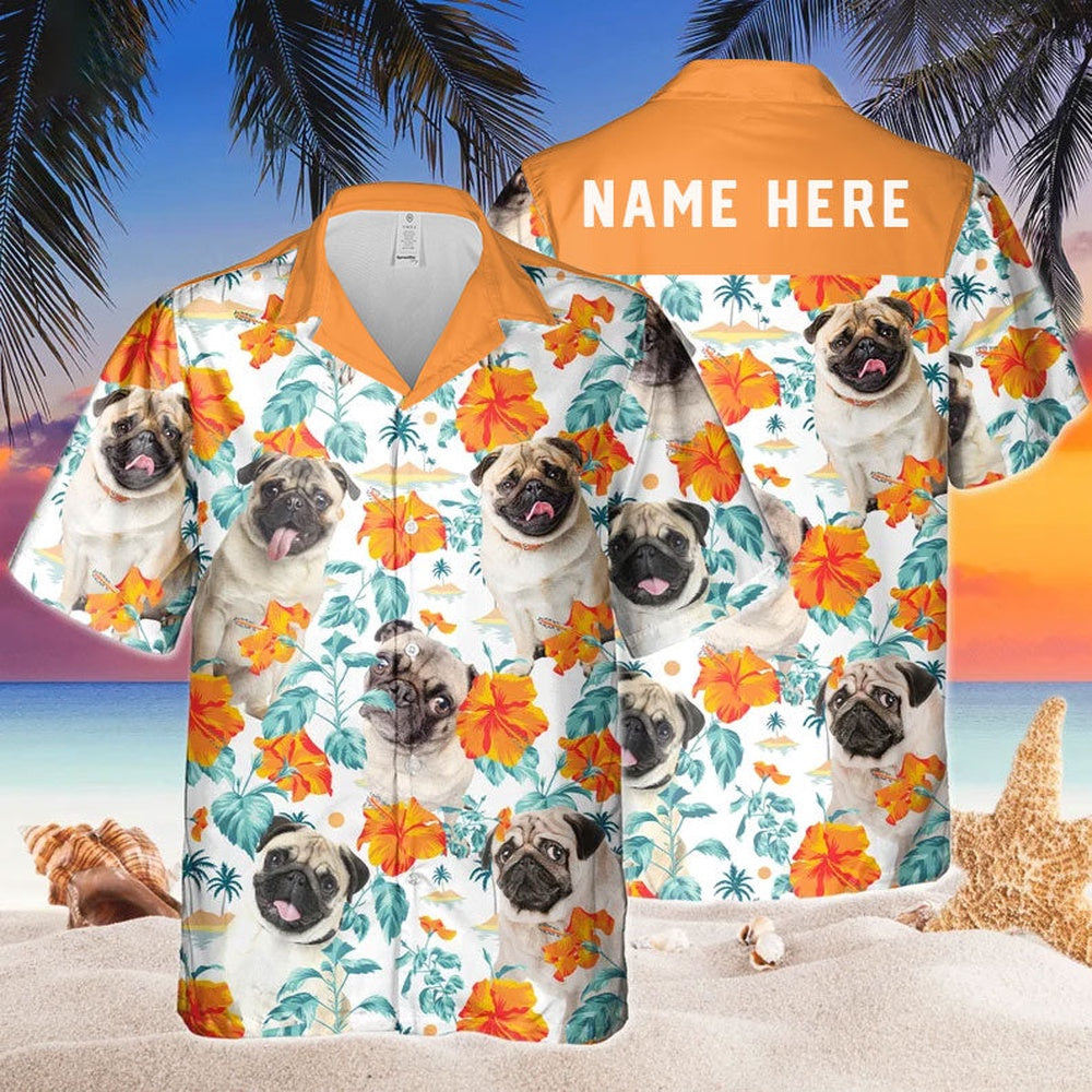 Custom Name Pug Dog Hibiscus Flowers All 3D Printed Hawaiian shirt, Fa ...