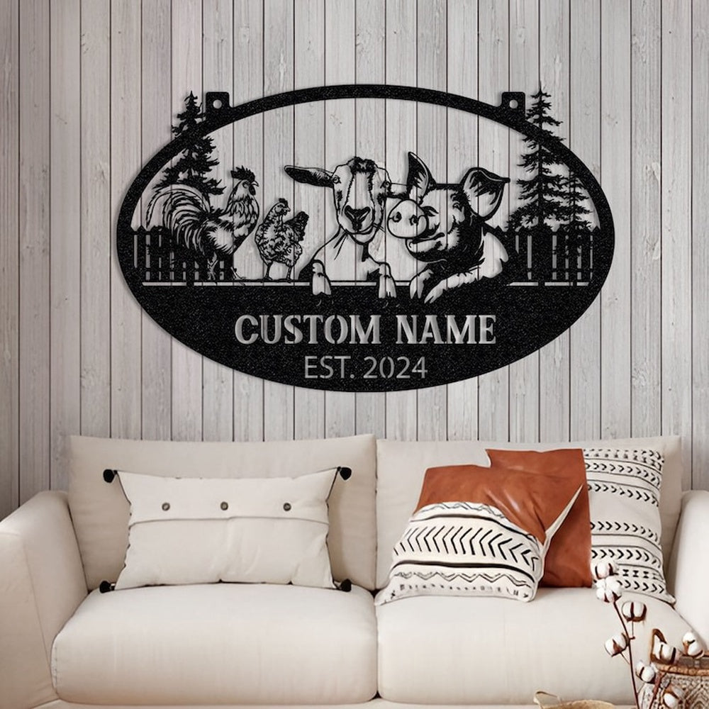 Farm Metal Sign, Farm Animals Chickens Goat and Pig Cedar Trees Custom ...