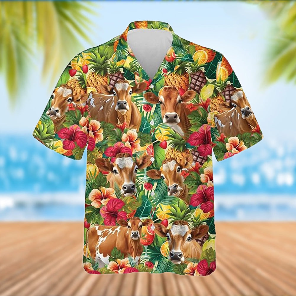 Jersey Cattle Tropical Fruits Pattern Hawaiian Shirt, Farm Hawaiian Sh ...