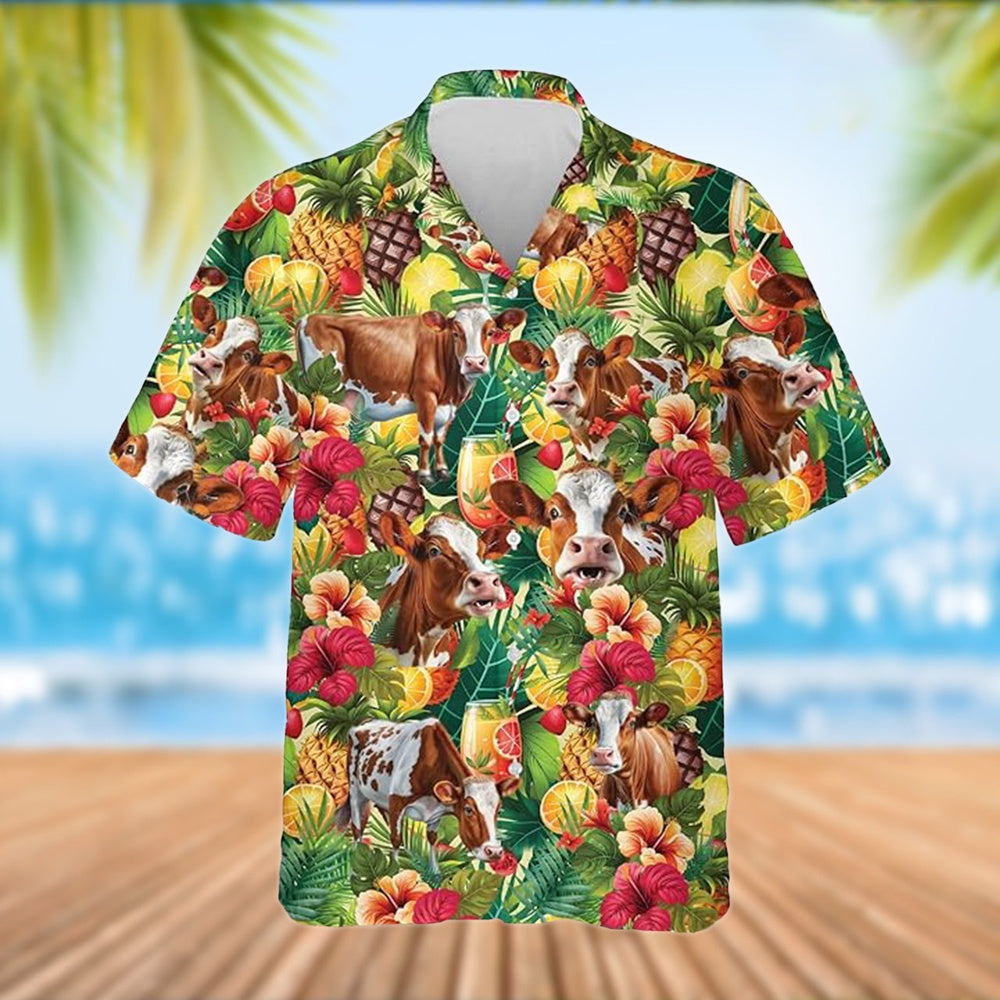 Simmental Cattle Tropical Fruits Pattern Hawaiian Shirt, Farm Hawaiian ...