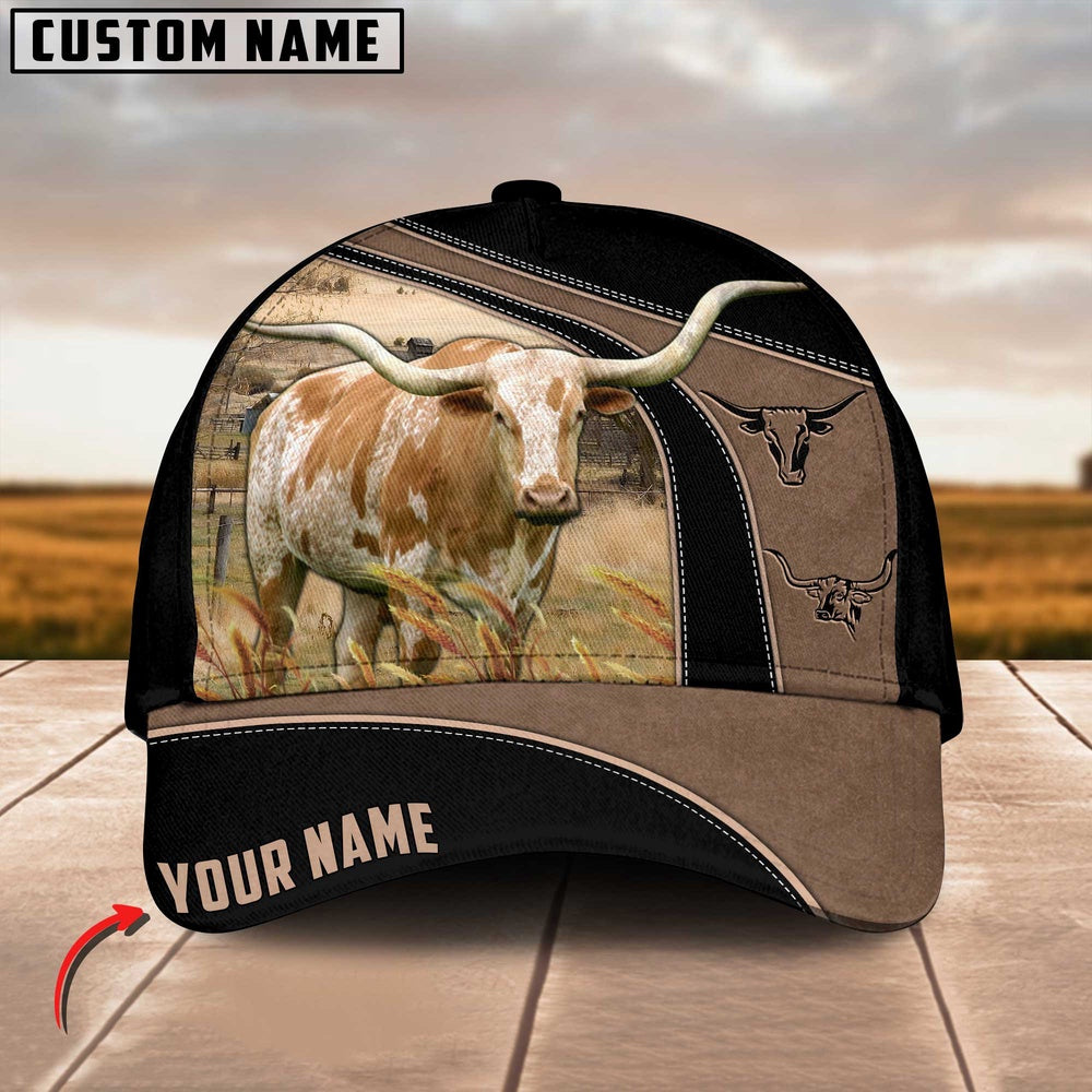 Texas Longhorn Cattle Customized Name Black Brown Cap, Farmer Cap, Cap ...