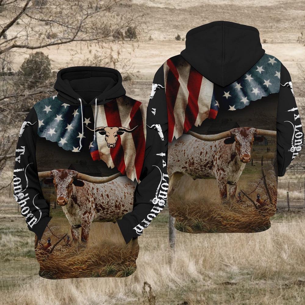 Texas Longhorn Cattle US Flag All Over Printed Hoodie TT, Farmer Hoodi ...