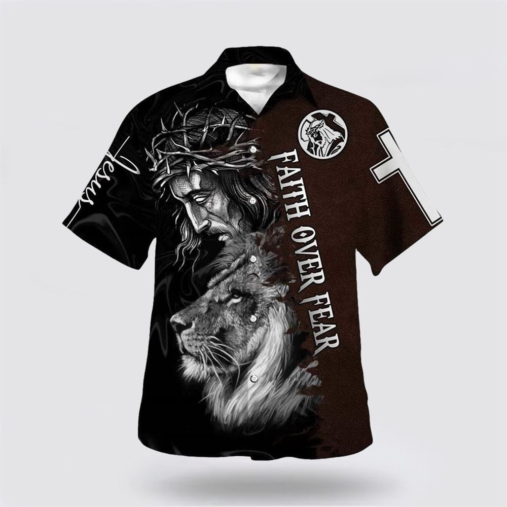 Christian Hawaiian Shirt, Jesus And Lion Bible Verse Faith Over Fear H ...