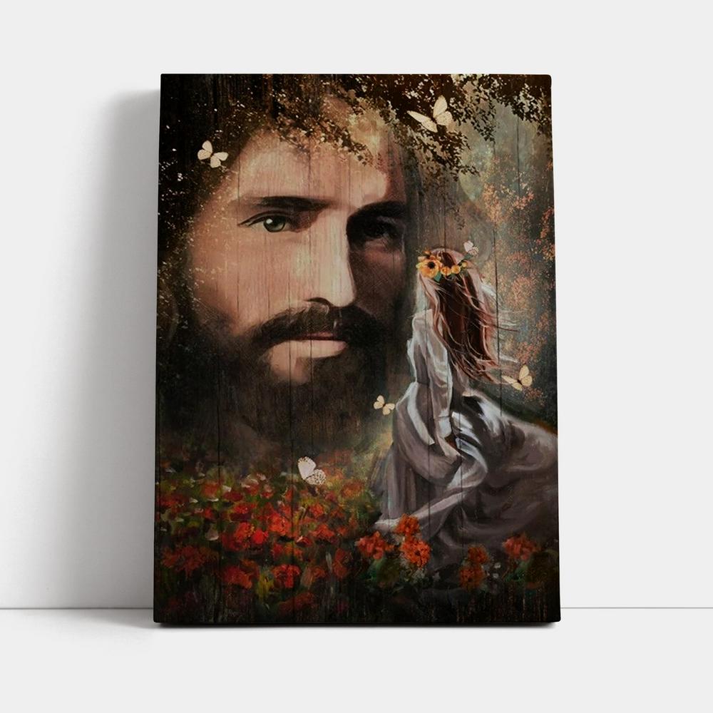 Jesus, Pretty Girl, Red Flower Garden, Flower Wreath Canvas Poster – Furlidays Plus