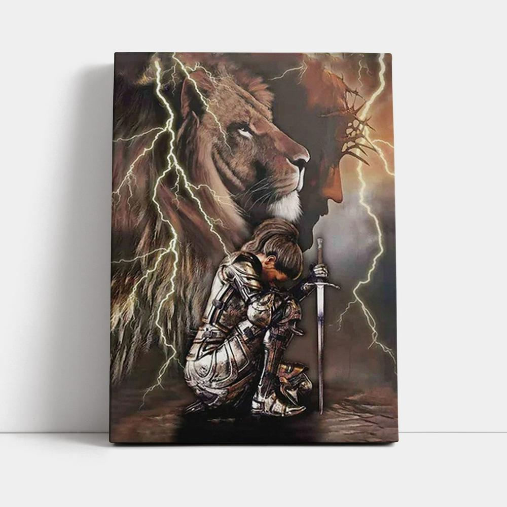 Lion And Knight Jesus Female Warrior Canvas Wall Art - Christian Home ...