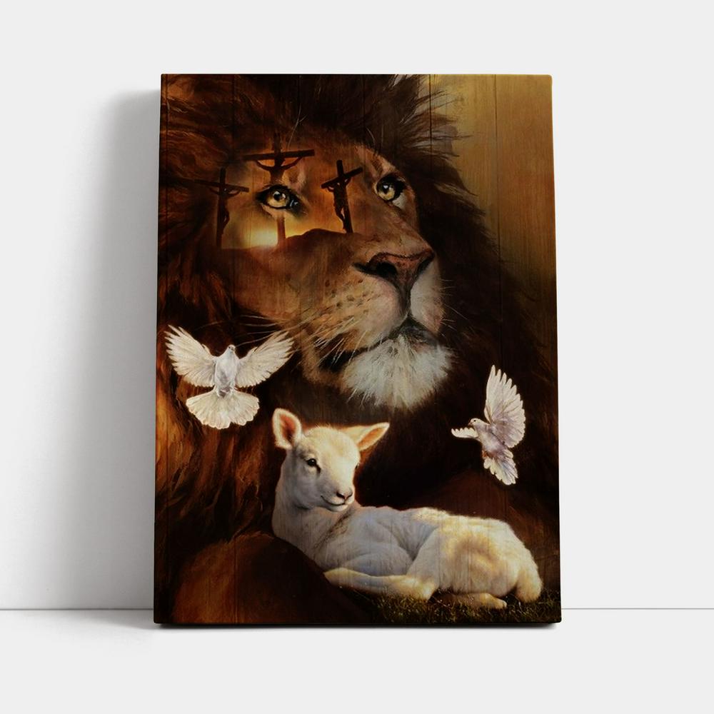 Pretty Lion, Watercolor Lamb, White Dove, Cross Jesus Canvas Poster ...
