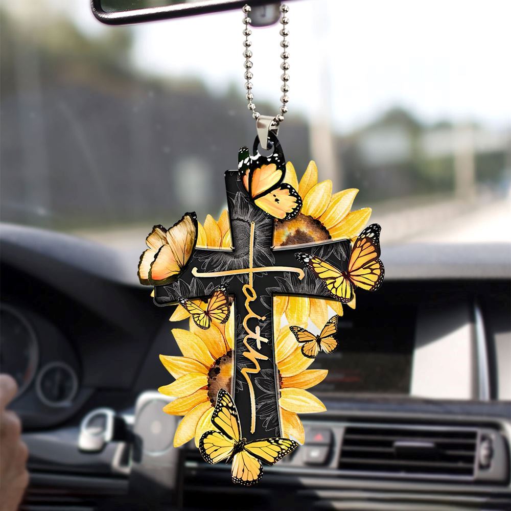 Yellow Faith Jesus God Cross Butterfly Sunflower Car Christmas Ornamen ...